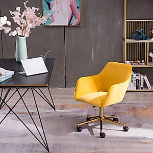 Modern Office Chair Velvet Material Yellow Dressing Chair Adjustable Height Living Room Swivel Chair 360° Medieval Table Chair with Wheels W521 24.8Dx22.8Wx33.9H''