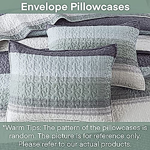 Andency Stripe Quilt Set King(106x96Inch), 3 Pieces (1 Striped Quilt and 2 Pillowcases) Mint Green Patchwork Bedspread Coverlet, Soft Lightweight Microfiber Quilted Bedding Set