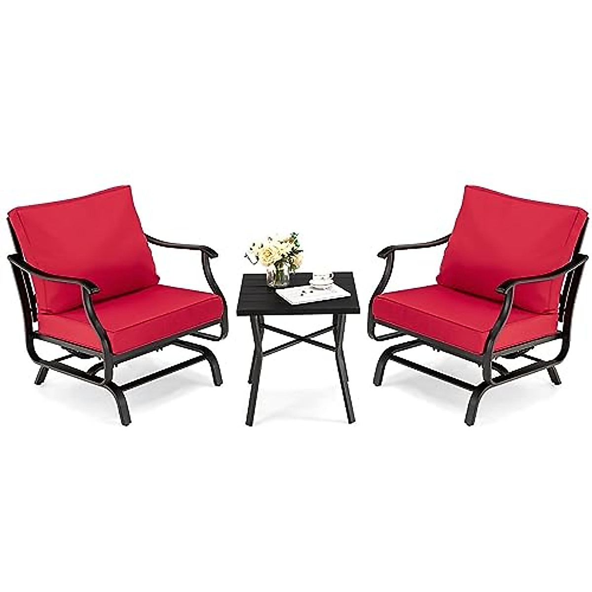 LUKEO 3PCS Patio Rocking Bistro Set Cushioned Chair Armrest Side Table Red
