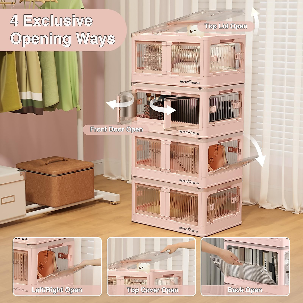 BROVIEW 32qt Pink Storage Bins with Lids for Women Girls Lady, Pink Closet Organizers and Storage, 3 Pack Pink Stackable Collapsible Plastic Storage Bins with Lids for Hat Bag Dressing Table Dorm Room