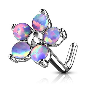 Covet Jewelry Flower with 5 Opal Petals 316L Surgical Steel L Bend Nose Stud Ring (Opal Purple)