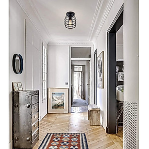 Industrial Black Semi Flush Mount Ceiling Light, Farmhouse Mini Cage Ceiling Lighting Fixture, Vintage Caged Ceiling Lamp for Entryway, Kitchen, Bedroom, Laundry Room, Hallway, Dining Room