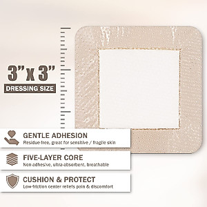 EVERLIT Silicone Foam Dressing with Gentle Adhesive Border | Sterile, Highly Absorbent, Waterproof Hydrocellular Foam Bandages | Advanced Wound Care for Bed Sores, Pressure Ulcers (3" x 3" | 10 Pack)