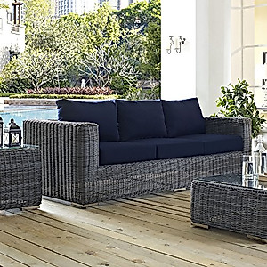 Modway EEI-1874-GRY-NAV Summon Wicker Rattan Outdoor Patio Sunbrella Sofa in Canvas Navy