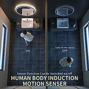 GANPE LED Sensor Mirror, 28 inch Round Human Body Induction, Black Framed Vanity Mirror, Illuminated Dimmable Anti Fog IP44 Waterproof Bathroom Wall Mounted Blacklit Mirror with Lights