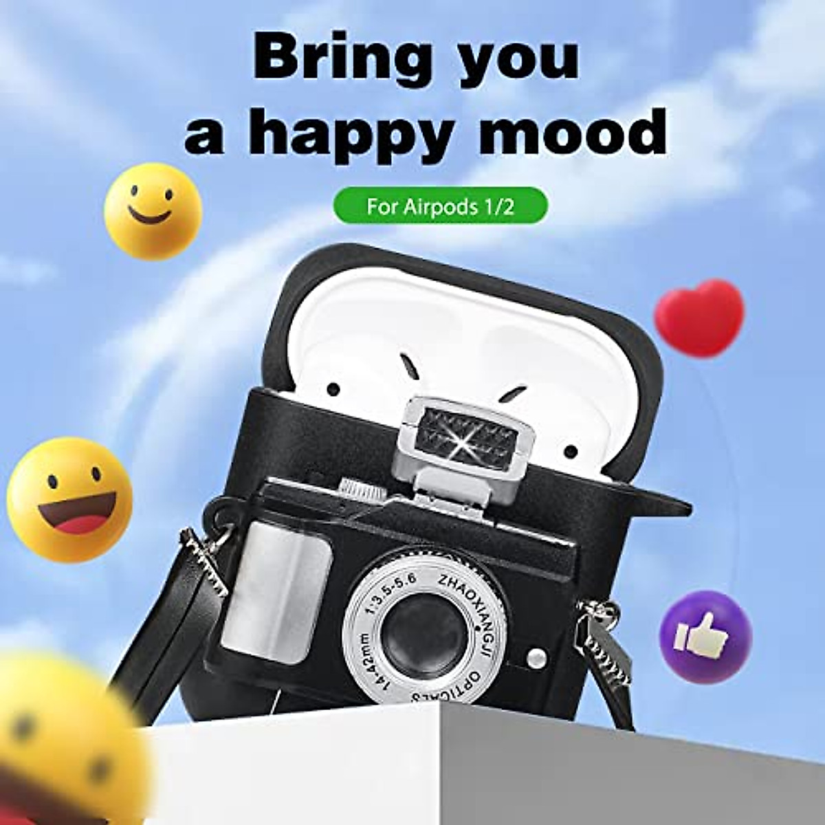 Gkv Silicone Case for Airpods 1/2 Fashion Design Unique 3D Cool Cartoon Air Pods 1st/2nd Cover Cute Designer Fun Hypebeast Shell Cases for Girls Boys Kids Child Teen for Airpods 1/2 (Black Camera)