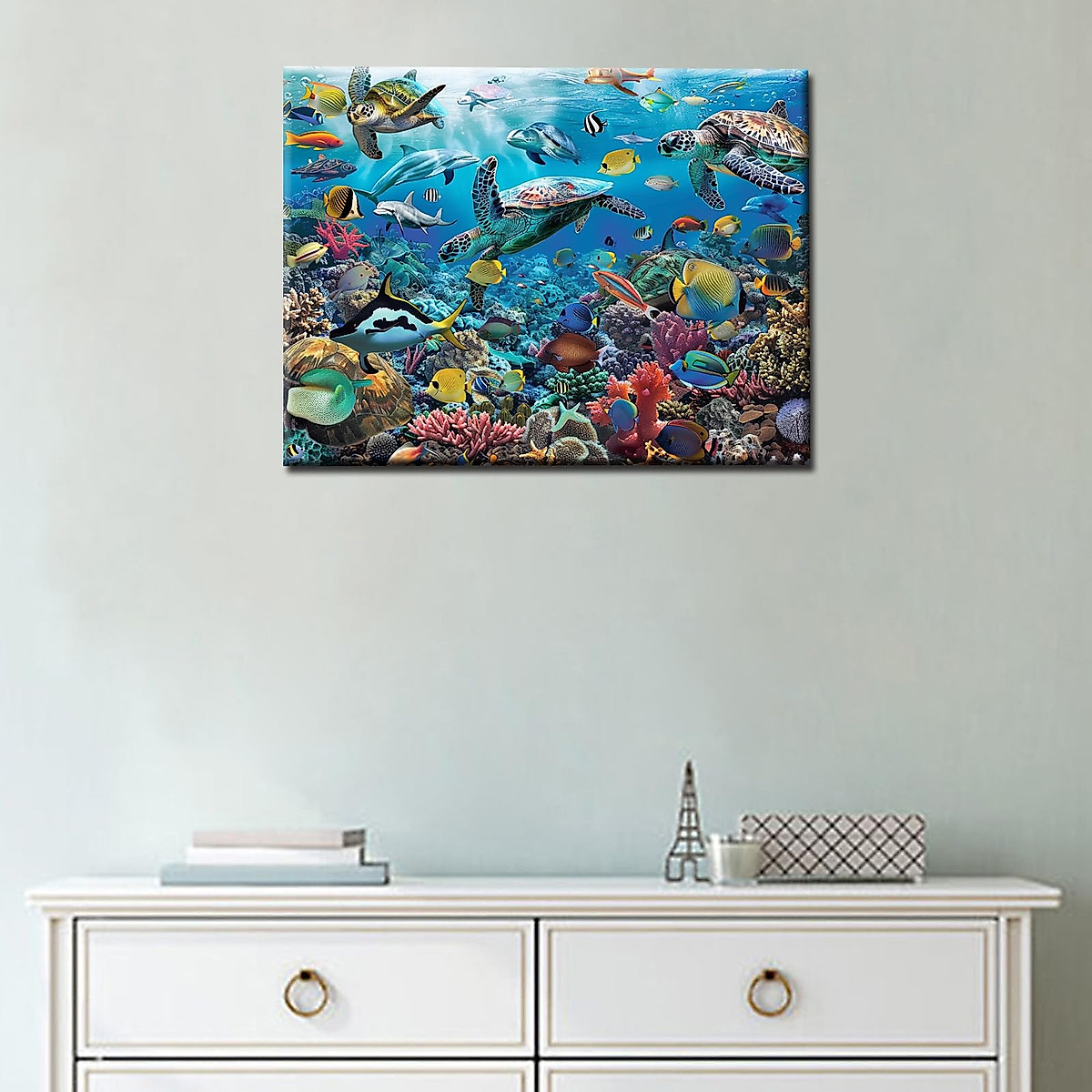 Sea Turtle Diamond Painting DIY 5D, Underwater Fish Numbering Kit, Angelfish Artwork Coral Reef Wall Art Aquarium Crystal Rhinestone Embroidery Picture Home Decor Adults Ocean Gift(12''Wx 16''H)