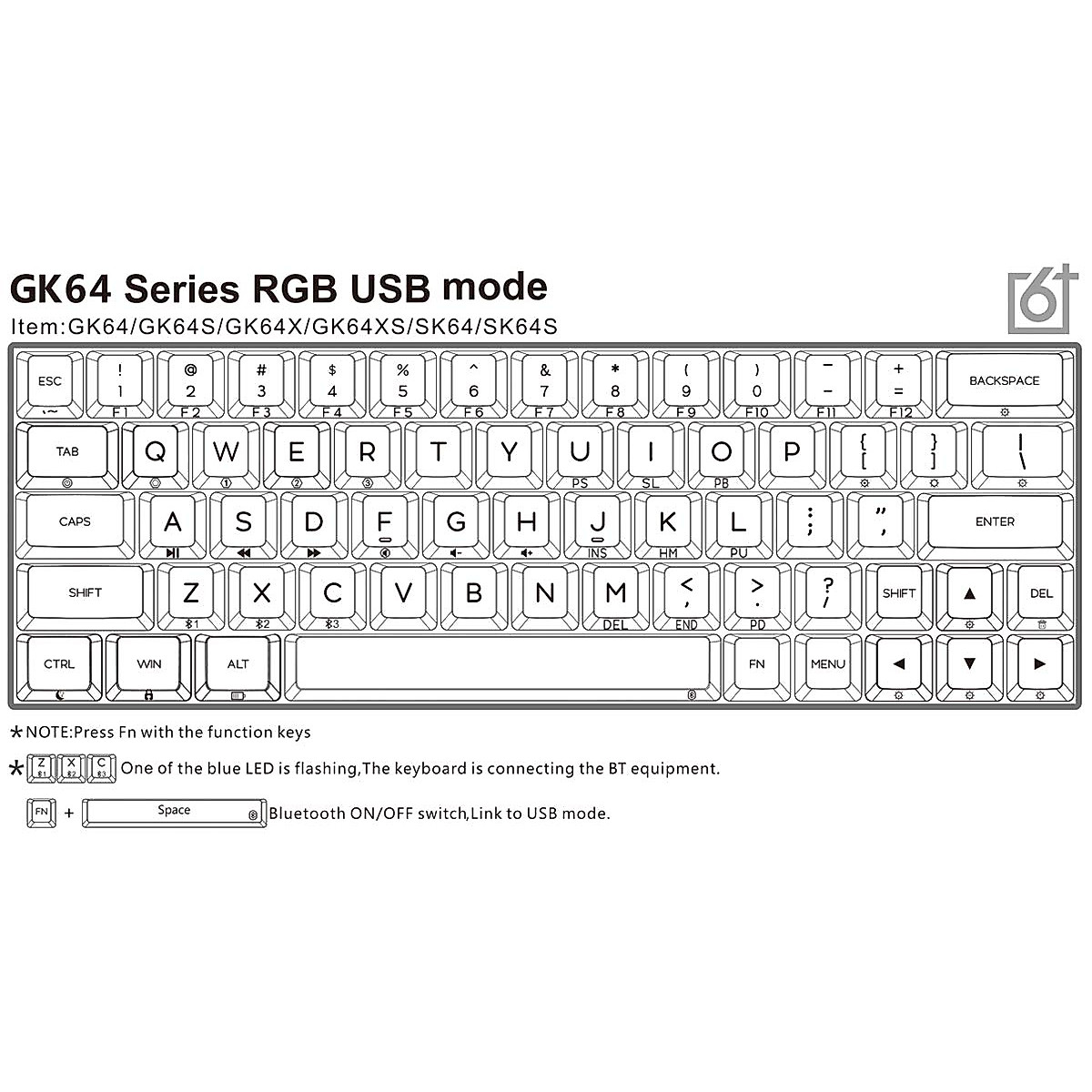 COSTOM SK64 60% Mechanical Gaming Keyboard, 61 Keys Multi Color RGB Illuminated LED Backlit Wired Programmable with PBT Heat Sublimation Keycaps for PC/Mac Gamer (Gateron Brown Switch)