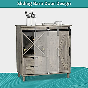VINGLI Farmhouse Barn Door Wine Liquor Cabinet Home Coffee Bar Furniture w/Removable X-Shaped Wine Rack, Rustic Mini Buffet Sideboard Accent Storage Cabinet with 2 Drawers (Wash Grey)