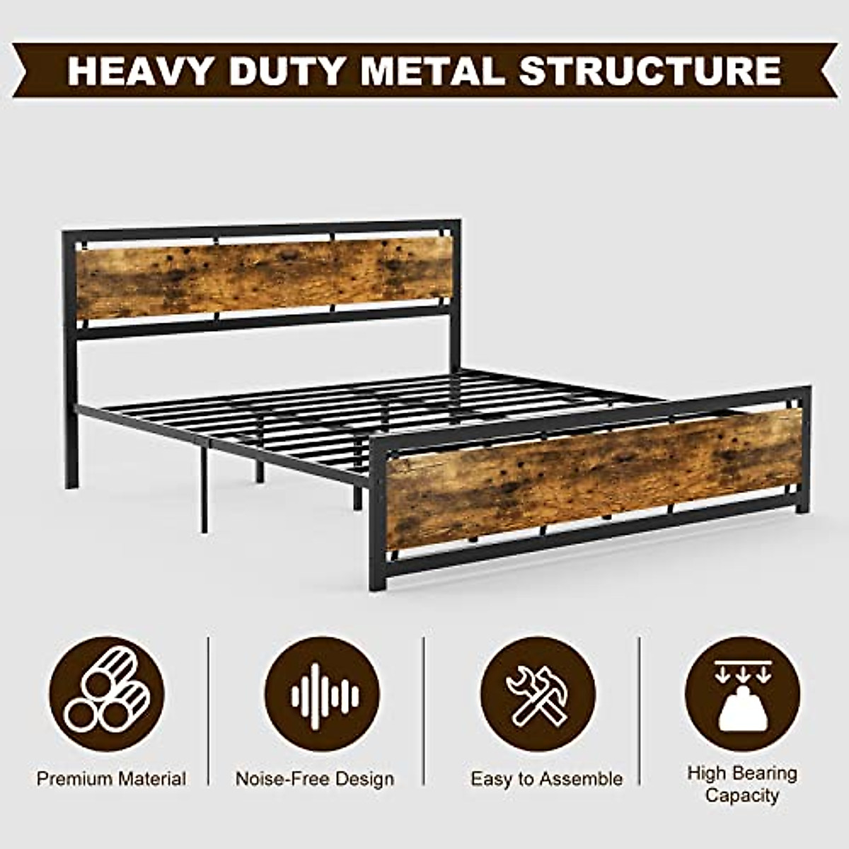 IKIFLY Industrial Metal King Size Bed Frame/Farmhouse Metal Platform Bed with Wooden Headboard Footboard/Heavy Duty Steel Slats Support/No Box Spring Need, Easy Assembly（King, Rustic Brown）