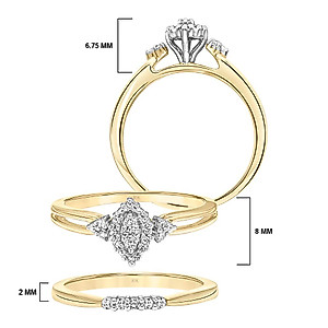Brilliant Expressions 10K Yellow and White Gold 1/8 Cttw Conflict Free Diamond Marquise Halo Cluster Grooved Band Bridal Set (I-J Color, I2-I3 Clarity), Size 7