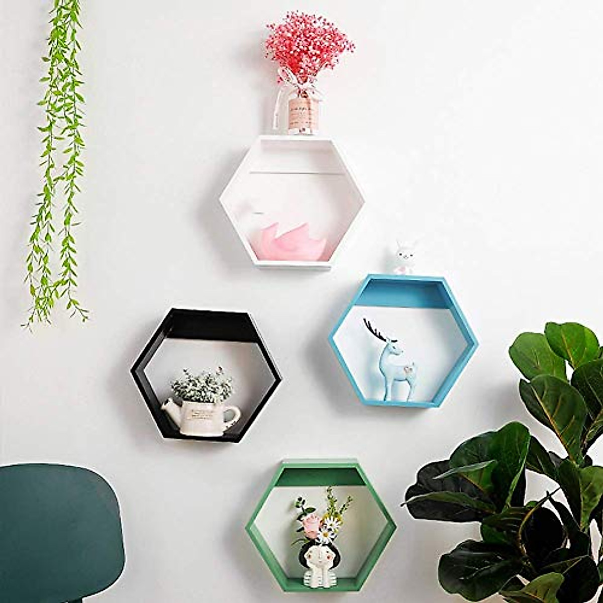 PIBM Stylish Simplicity Shelf Wall Mounted Floating Rack Shelves Wooden Lattice Simple Hexagon Collection Display Stand Storage Bedroom Living Room,5 Colors, Blue , 30x8x26cm