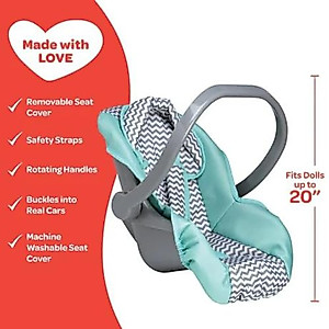 Adora Baby Doll Car Seat Carrier with Removable Seat Cover - Machine Washable, Fits Most Dolls & Plush Animals Up To 20”, Birthday Gift For Children Ages 2+ - Zig Zag Green Mint (Grey Handle)