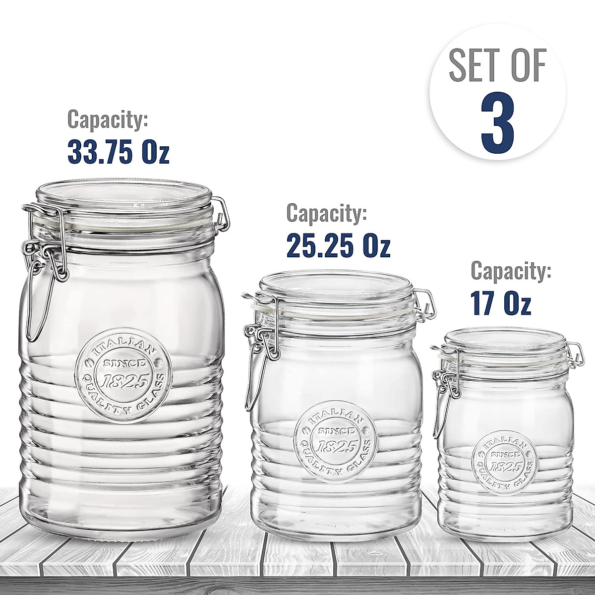 Bormioli Rocco Officina 1825 Variety Pack, Set Of 3 Glass Jars (33.75 Oz. 25.25 Oz. 17 Oz.), Wide Opening, With Airtight Hinged Lid, clear, Made In Italy.
