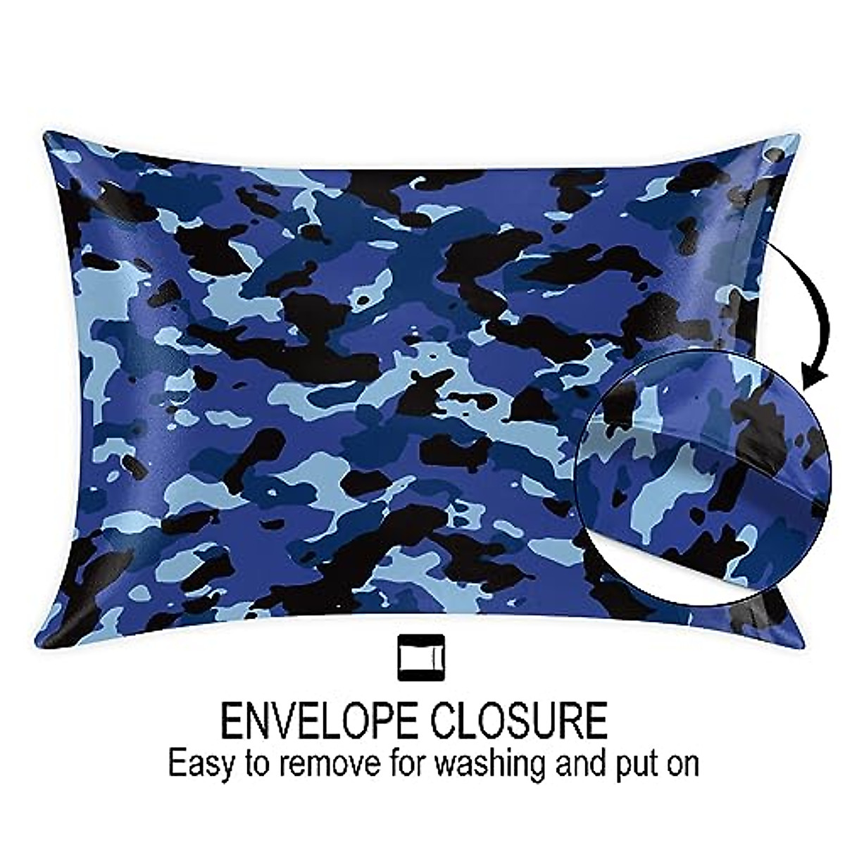 Blue Abstract Camouflage Camo Satin Pillow Cases Silk Satin Pillowcase for Hair and Skin Standard Set of 2 Super Soft Silk Pillowcase with Envelope Closure (20x26 in)