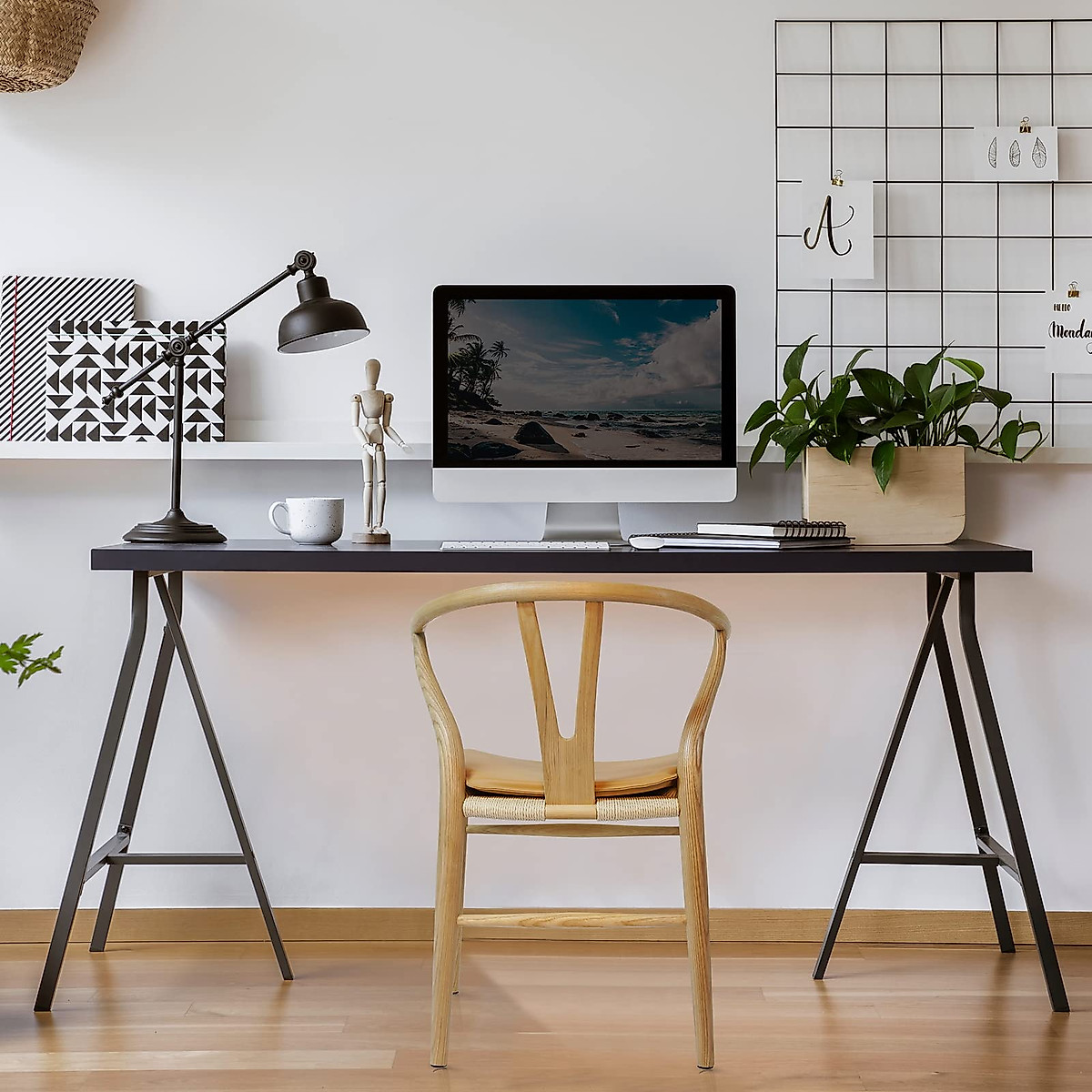 Forsho Set of 2 Solid Wood Wishbone Dining Chair with PU Soft Seat Cushion,Mid-Century Y Back Weave Dining Chair（Ash Wood - Black + Natural Cord + Cushion）