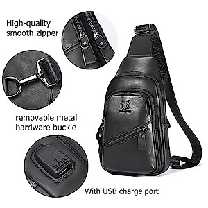 BULLCAPTAIN Leather Sling Chest Bag for Men Outdoor Hiking Travel Crossbody Bag Backpack with USB Charging Port (Black)