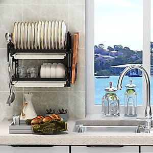 Couguarack Wall Mounted Dish Drying Rack, Stainless Steel Dish Rack for Kitchen, Large Storage Rack with Utensil Holder -2 Tier