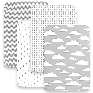 BaeBae Goods Premium Crib Sheets for Baby Boys and Girls, 4 Pack, Soft and Breathable Jersey Knit Fitted Sheet Set, Grey and White, Cute Gender Neutral Nursery Mattress Bedding, Universal Fit