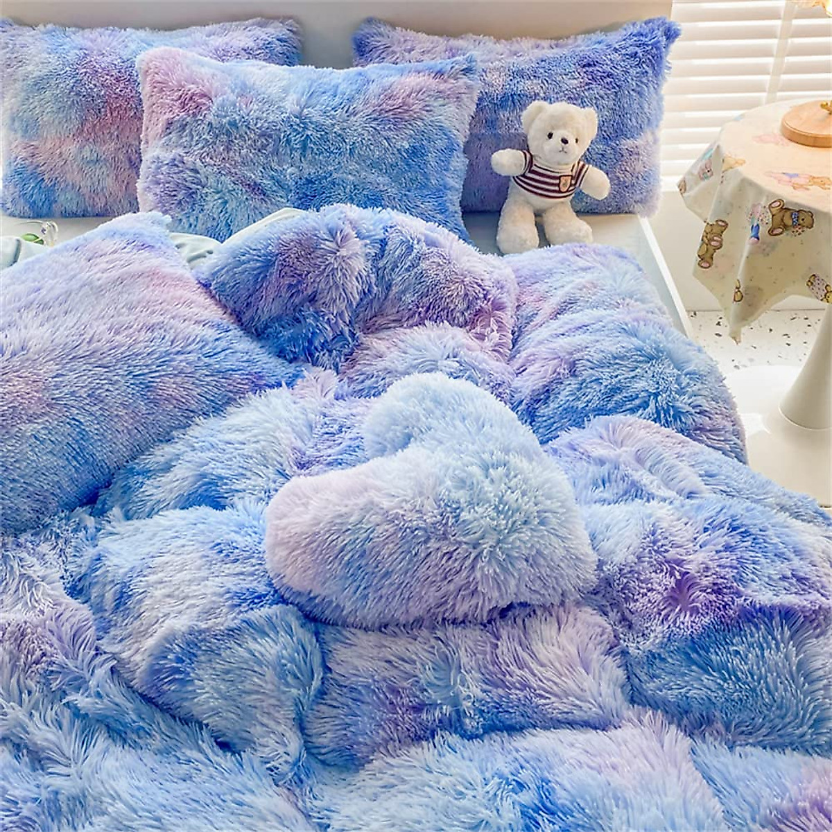 IHOUSTRIY Blue Queen Duvet Cover Set Rainbow Tie Dye Fluffy Girls Bedding Set Queen Size Plush Shaggy Furry Comforter Cover Set for Bedroom Decor (1 Duvet Cover, 2 Pillowcases)
