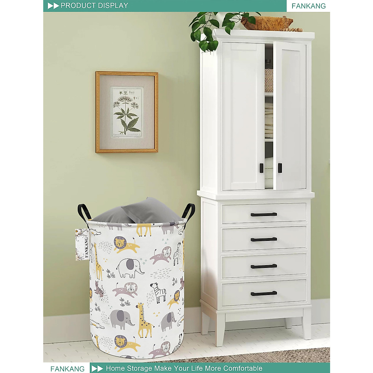 FANKANG Storage Basket, Nursery Hamper Canvas Laundry Basket Foldable with Waterproof PE Coating Large Storage Baskets for Kids Boys and Girls, Office, Bedroom, Clothes,Toys(Lovely Animals)