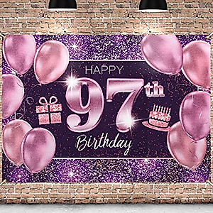 PAKBOOM Happy 97th Birthday Banner Backdrop - 97 Birthday Party Decorations Supplies for Women - Pink Purple Gold 4 x 6ft