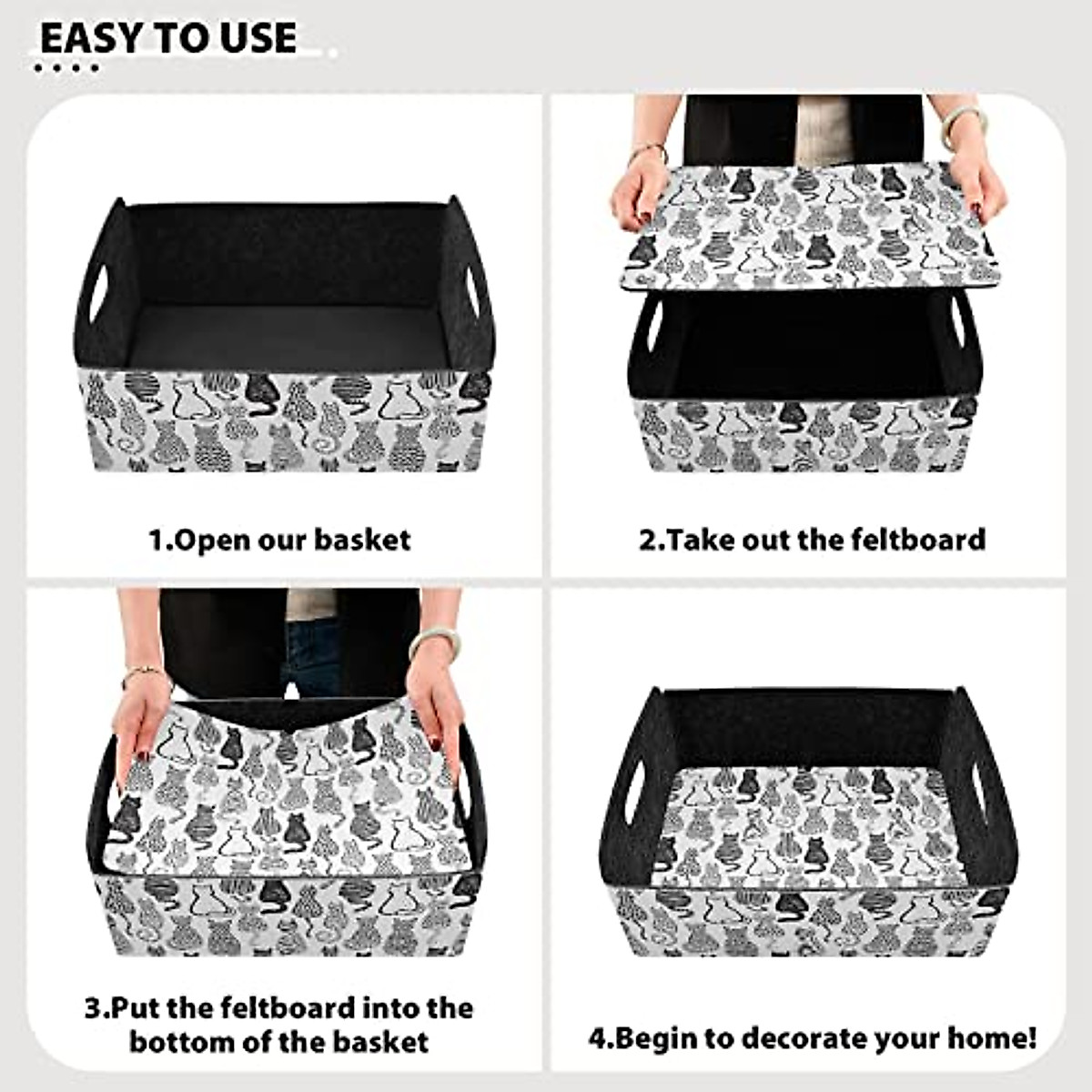 CaTaKu Foldable Storage Basket Pet Cute Cat Collapsible Felt Storage Bins with Handle Drawer Organizer Bin Cube Shelf Box for Organizing Closet Clothes Office Books Bedroom