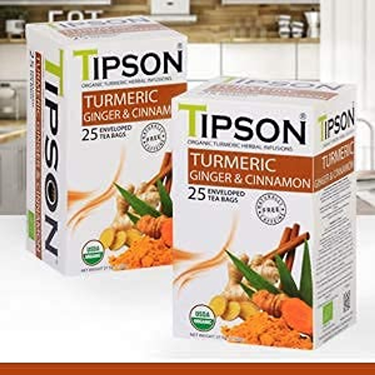 Tipson Organic Turmeric Herbal Infusions - Turmeric Ginger and Cinnamon - Caffeine Free, Non GMO, Gluten Free - 25 Premium Tea Bags (Pack of 1)