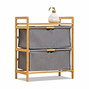 MoNiBloom 2 Tier Bamboo Clothes Drawer Rack Fabric Dresser Organizer Clothing Storage with Tabletop for Bedroom Bathroom Entryway Closet, Grey