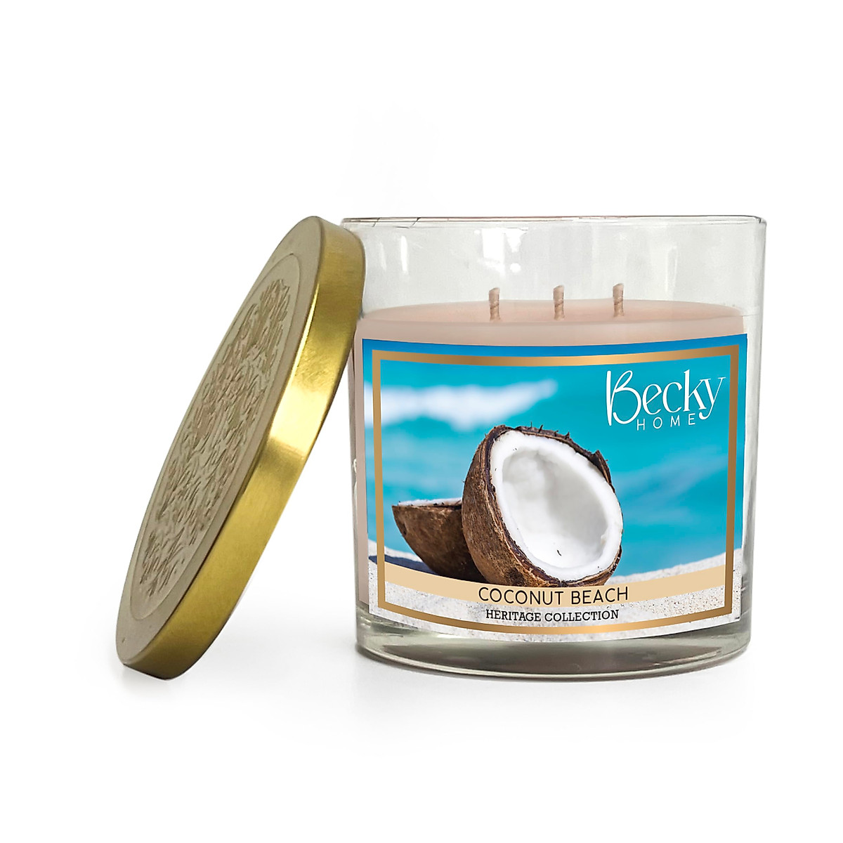 Coconut Beach Scented 3-wick Candle in Glass Jar | Candles for Home | 14.5oz Rustic Home Decor Novelty Candle | 60 Hour Burn Time Candle