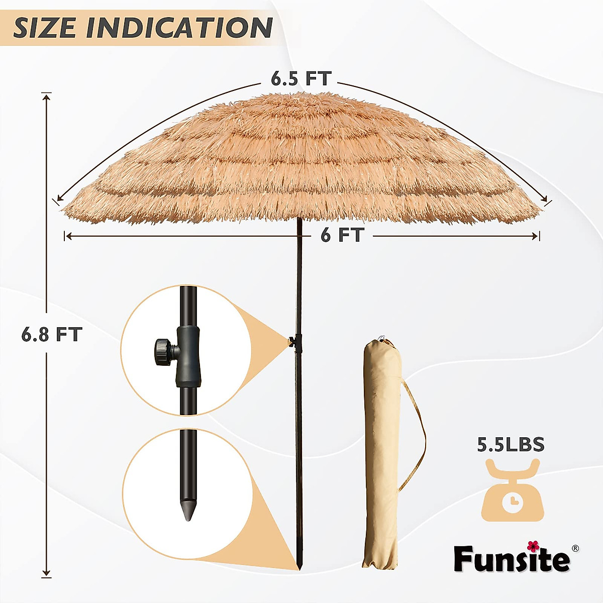 Funsite 6.5ft Tiki Umbrella Outdoor Patio Umbrellas with Tilt Hawaiian Tropical Palapa Beach Umbrella, UPF 50+ Thatch Hut Umbrella for Patio Backyard Pool