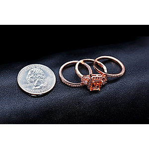 Uloveido Sqaure Orange Yellow CZ Zircon 3-Stone Stack Rings Set for Anniversary Bridal Bridesmaid, Rose Gold Plated Cubic Zirconia Crystal Rings Eternity Bands (Size 10) Y434