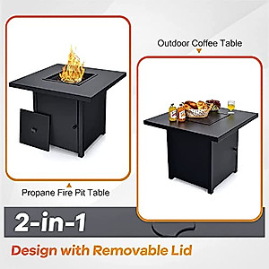 Renatone 25” Outdoor Fire Pit Table, 40,000 BTU Propane Fire Pit Table with Lid, Adjustable Flame, Fire Glass & CSA Certification, 2-in-1 Square Gas Firepit Table, for Patio, Balcony, Garden (Black)