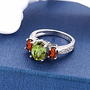 Gem Stone King 925 Sterling Silver Green Peridot and Red Garnet 3 Stone Ring For Women (2.45 Cttw, Gemstone Birthstone, Available In Size 5,6,7,8,9)