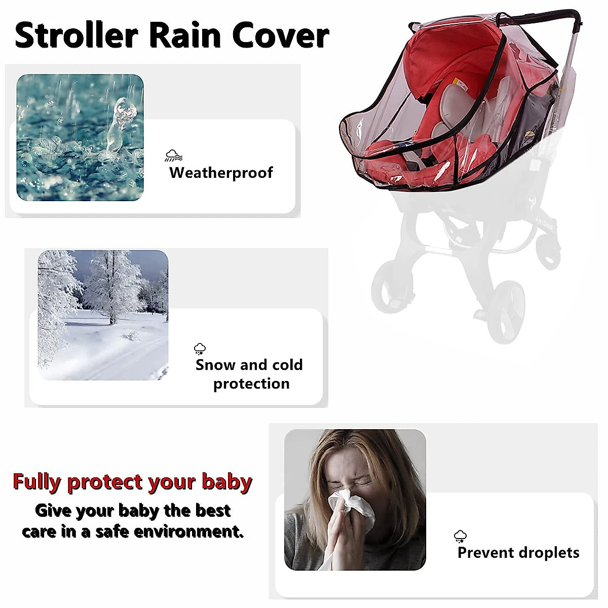 Baby Car Seat Stroller Rain Cover for Doona, Baby Stroller Transparent Travel Raincover Car Seat Accessory, Infant Pushchair Buggy Ventilated Rain Weather Shield with Easy Access Zipper for Doona