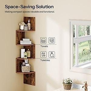 HOOBRO Corner Shelf Wall-Mounted, Set of 2 Floating Corner Shelves, 4-Tier Corner Bookshelves for Wall Decor in Living Room, Bedroom, Bathroom, Home Office, Rustic Brown BF25BJP201