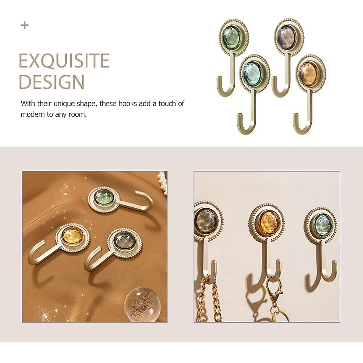 Luxshiny Heavy Duty Adhesive Hooks, 4pcs Jeweled Wall Mount Hangers Hanging Coat Hooks Decorative Towel Hangers for Kitchen Bathroom