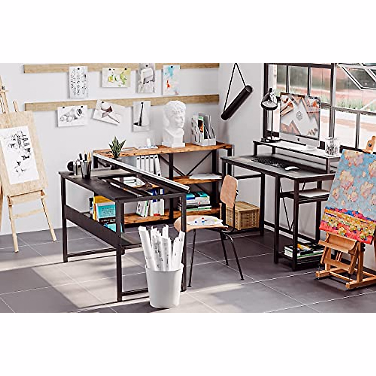 IRONCK L Shaped Desk Drafting Table with Storage Shelves, Corner Table with Tiltable Tabletop and Printer Monitor Shelf Multi-Usage Large Office Desk Workstation, Black