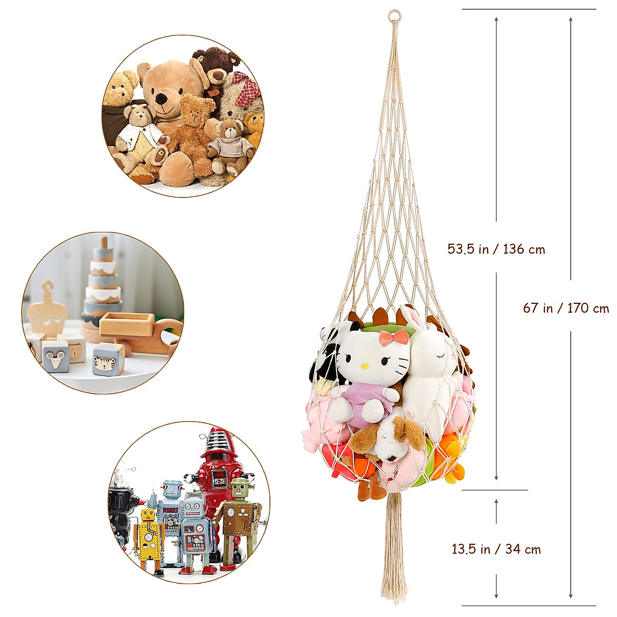 Dremisland Stuffed Animal Storage Toy Organizers and Storage, Display a Large Plush Toy! Boho Macrame Toy Net Hammock for Corners Walls Ceiling Nursery Kids Play Room Bedroom(Beige)