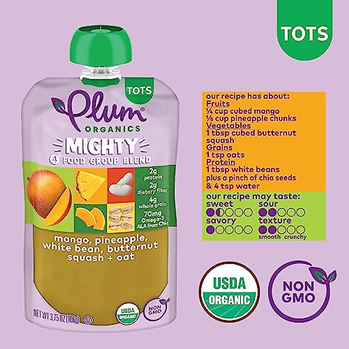 Plum Organics Mighty 4 Organic Toddler Food - Mango, Pineapple, White Bean, Butternut Squash, and Oat - 3.75 oz Pouch (Pack of 12) - Organic Fruit and Vegetable Toddler Food Pouch