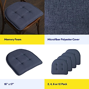 Sweet Home Collection Chair Cushion Memory Foam Pads Tufted Slip Non Skid Rubber Back U-Shaped 17" x 16" Seat Cover, Denim Blue 4 Count
