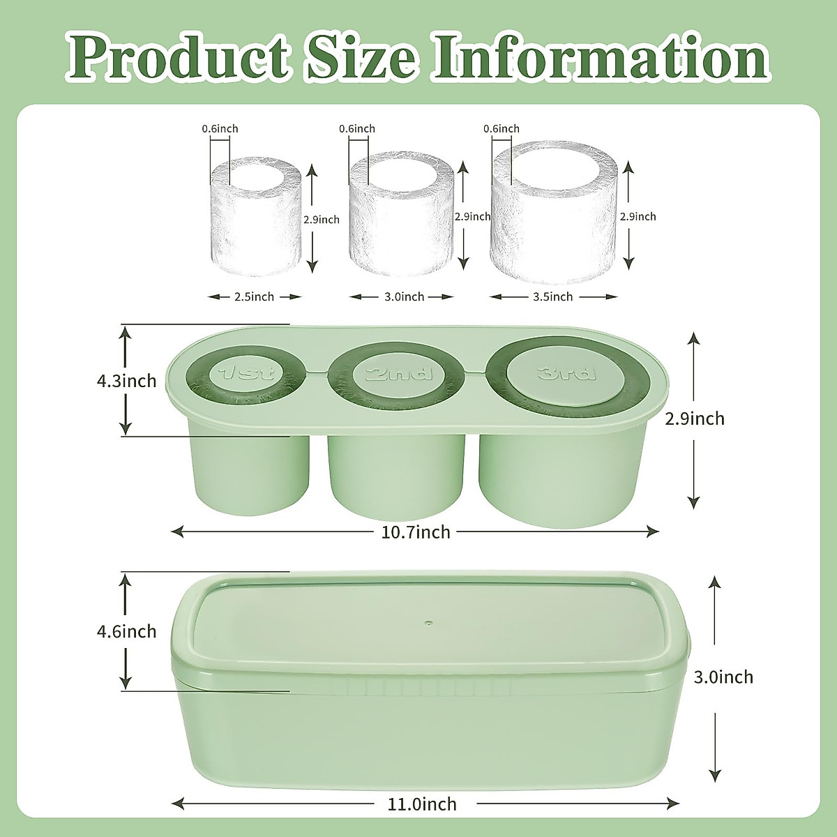 Likiyol Ice Cube Tray for Stanley Cup, Silicone Ice Cube Tray with Lid and Bin for Freezer, 3 Hollow Large Cylinder Tumbler Ice Cube Mold for Drink, Juice, Cocktail, Whiskey, 20Oz/30Oz/40Oz, Green