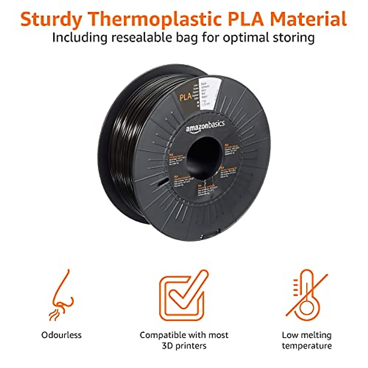 Amazon Basics PLA 3D Printer Filament, 1.75mm, Black, 1 kg Spool