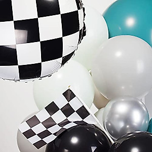 Race Car Balloon Garland Kit 130Pcs Two Fast Birthday Decorations Blue and Green White & Checkered Flag Balloons, Race Cars Party Supplies