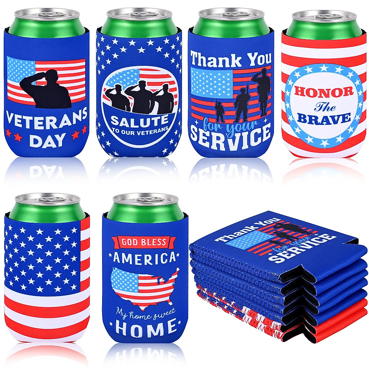 Veterans Day Gifts for Men 24 Pcs American Flag Bottle Cooler Sleeves Gifts for Veterans Collapsible Insulation Cover for Veterans Day Patriotic Home Office Table Party Decorations, 12 oz