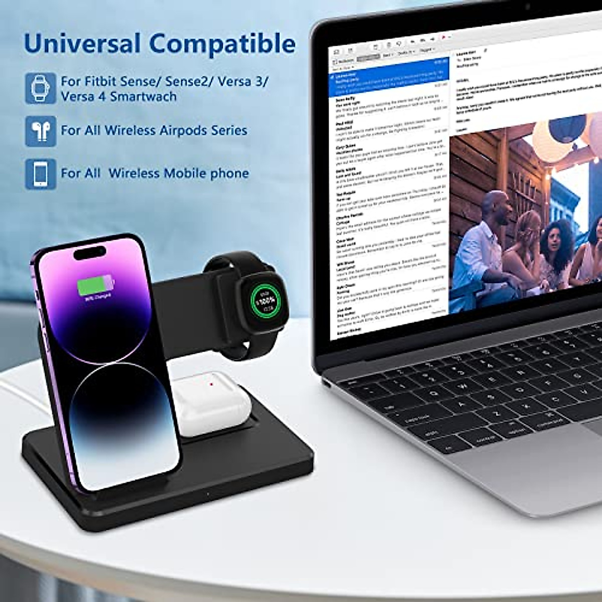 OenFoto 3 in 1 Charging Station Compatible with Fitbit Versa3/ Versa4/Sense/ Sense2– Charging Cable Dock for Versa 3 Smartwatch with Samsung Galaxy S22 Ultra S21 Note 20, AirPods Pro, Galaxy Buds Pro