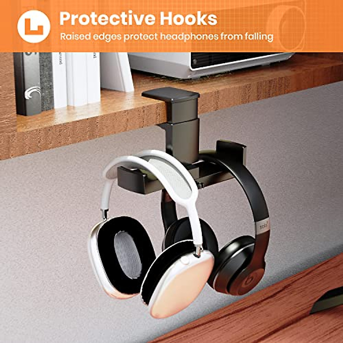 Dual Headphone Stand - Klearlook 2 in 1 360°Rotating Headphone Hook for Desk, Clamp Adjustable Twin Headset Holder Under Desk with Cable Organizer,Headphone Hanger for Gaming Headset,Controller-Black