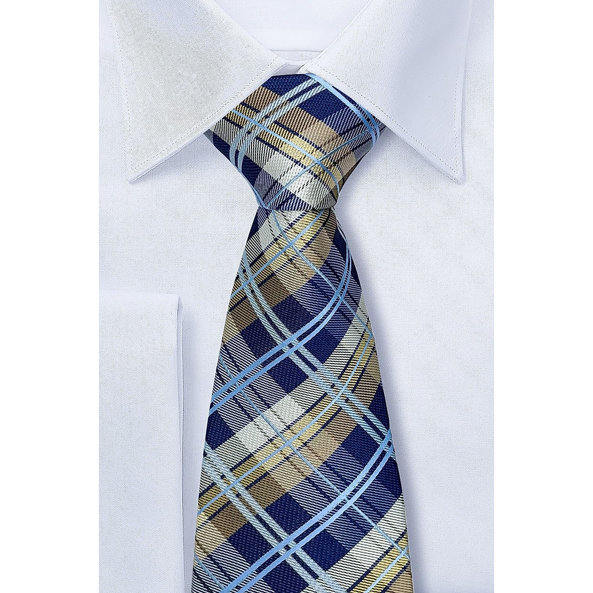 Retreez Elegant Plaid Check Woven Microfiber Men's Tie - Navy Blue and Khaki