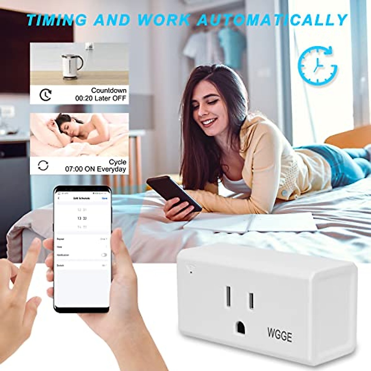 Smart Plug, WGGE WiFi Smart Plug Outlet Compatible with Alexa or Google Assistant, APP Remote Control Anywhere, Timer Function, No Hub Required, 2.4 Ghz Network Only (White / 2 Pieces)