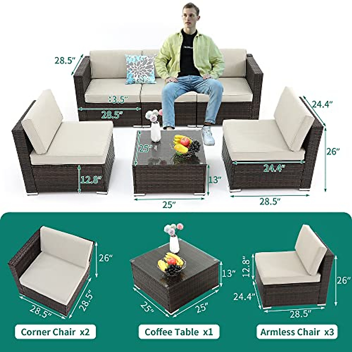 YITAHOME 6 Piece Outdoor Patio Furniture Sets, Garden Conversation Wicker Sofa Set, and Patio Sectional Furniture Sofa Set with Coffee Table and Cushion for Lawn, Backyard, and Poolside, Brown